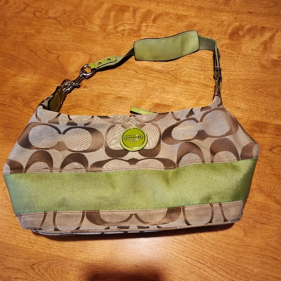 Coach | Bags | Coach Signature Stripe Khaki And Lime Hobo Purse | Poshmark